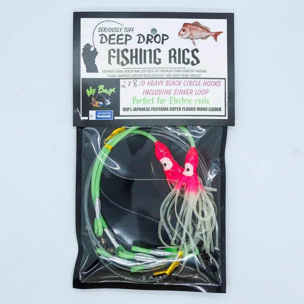 Deep Drop Rig 2 x 8/0 Heavy Black Circle Hooks 200LB Flurocarbon Leade ...